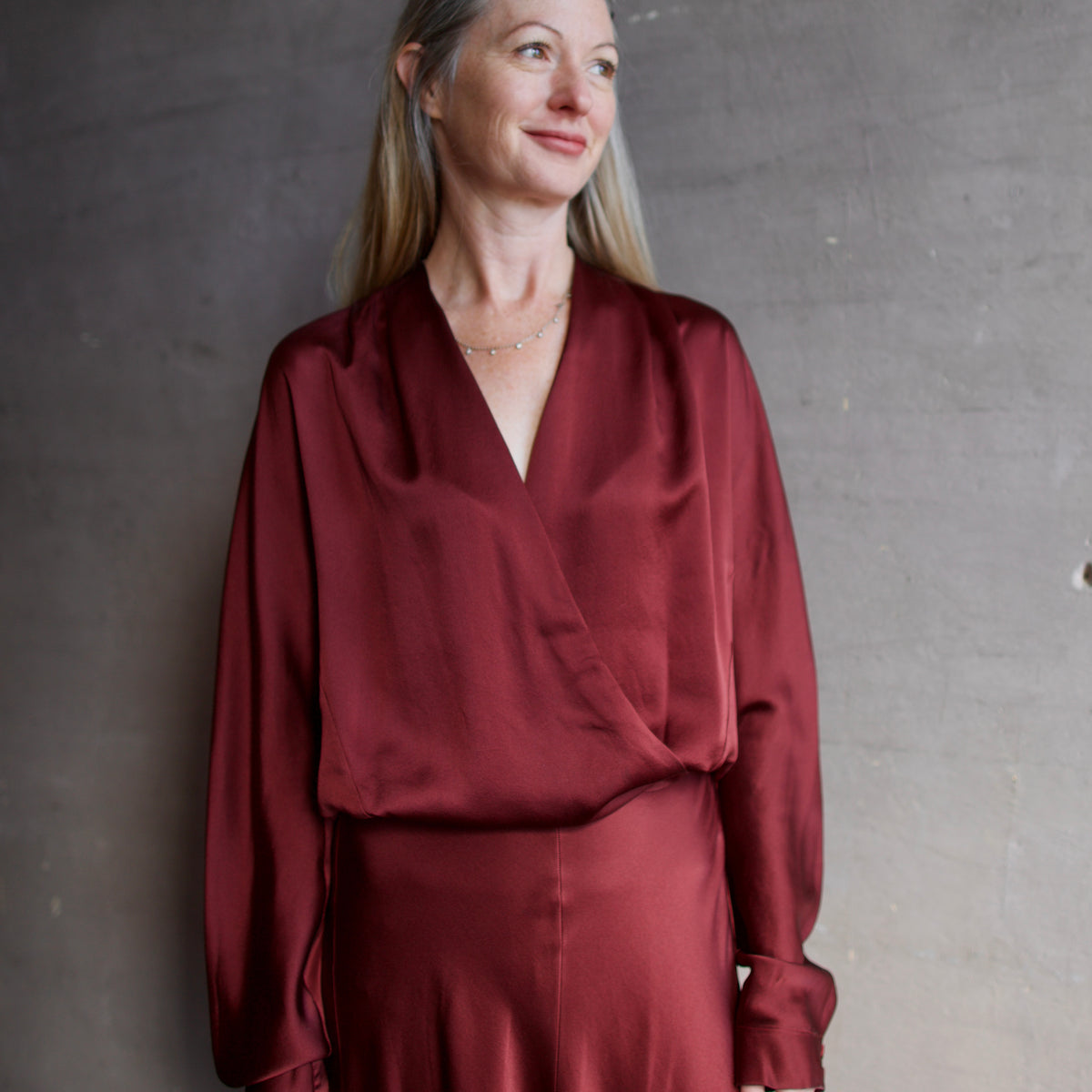 FORTE_FORTE SILK SATIN CROSSOVER SHIRT | BURGUNDY | Women's Italian Si ...